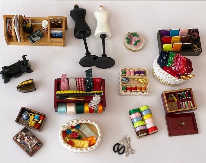 Handmade Miniature Dollhouse Mini Doll Sewing Threads Fabric Ribbon ...
