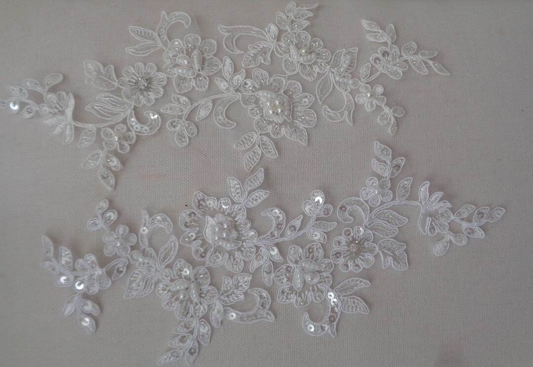 Floral Beaded Lace Applique: Ivory or White Embroidered Sequins Motif ...