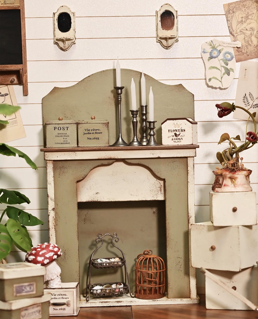 1:6 Scale Dollhouse Fireplace Mantel Rustic Green Cream Victorian Style ...