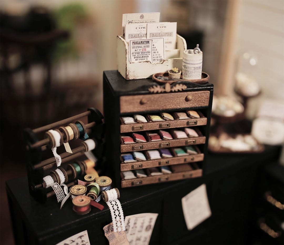 1:6 Miniature Wooden Spool Cabinet, Removable Drawers, Dollhouse Sewing ...