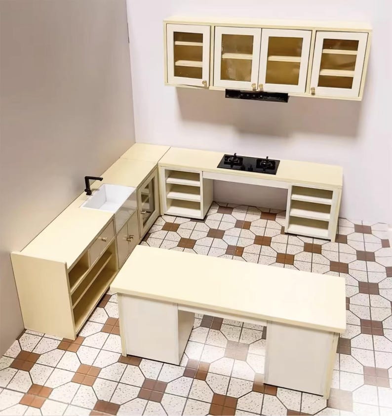 1:12 Scale Dollhouse Kitchen Whole Set Miniature Cream Cabinets With ...