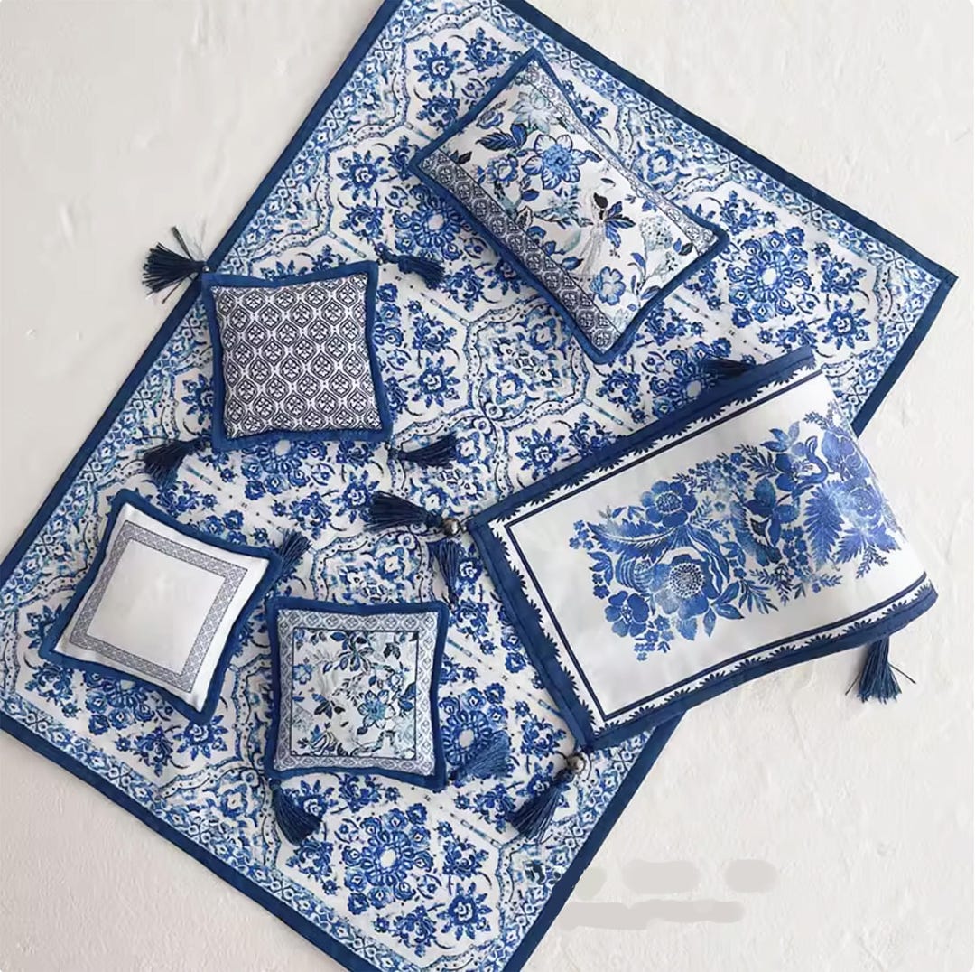 1:6 Scale Miniature Dollhouse Tablecloth & Cushion Set - Blue and White ...