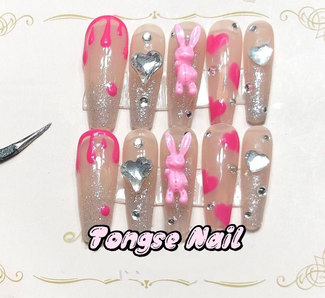 Pink Bunny Glitter Press on Nails/pink Ice Cream Dripping Handmade Y2K ...