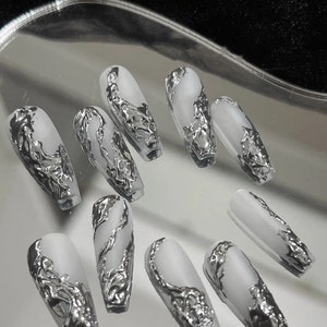 Silver Chrome Y2k Aespa Nails / Hand Painted Nail /custom Press on ...