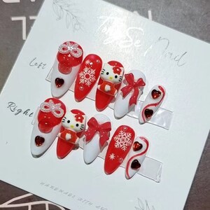 Red and White Christmas Kittty Press on Nail/ Bowtie Nails/ Christmas ...