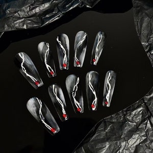 Hand-painted Lightning-shaped Scar Press on Nails/ Dark Sky and White ...