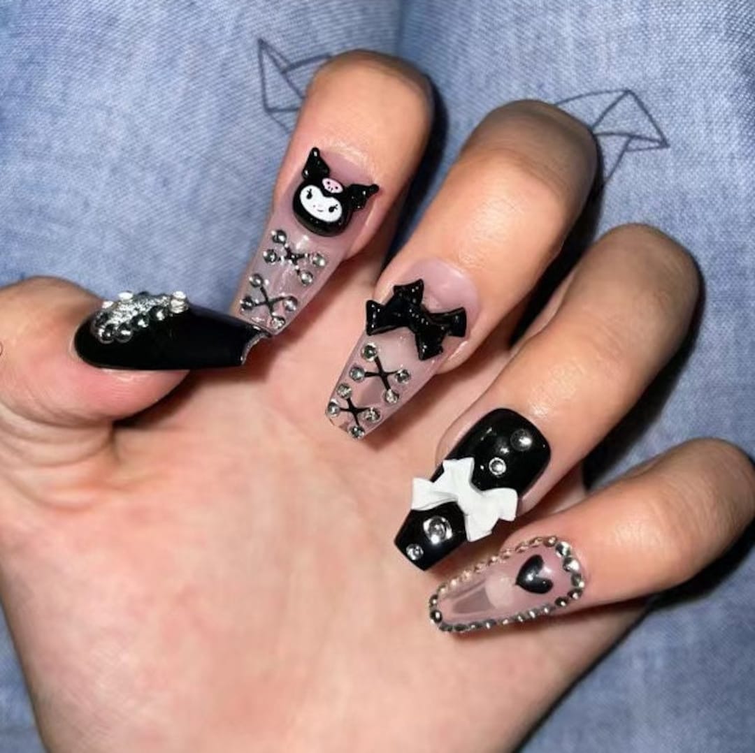 Light Pink And Black Kuromi Press On Nails Cute Nails Melody Etsy