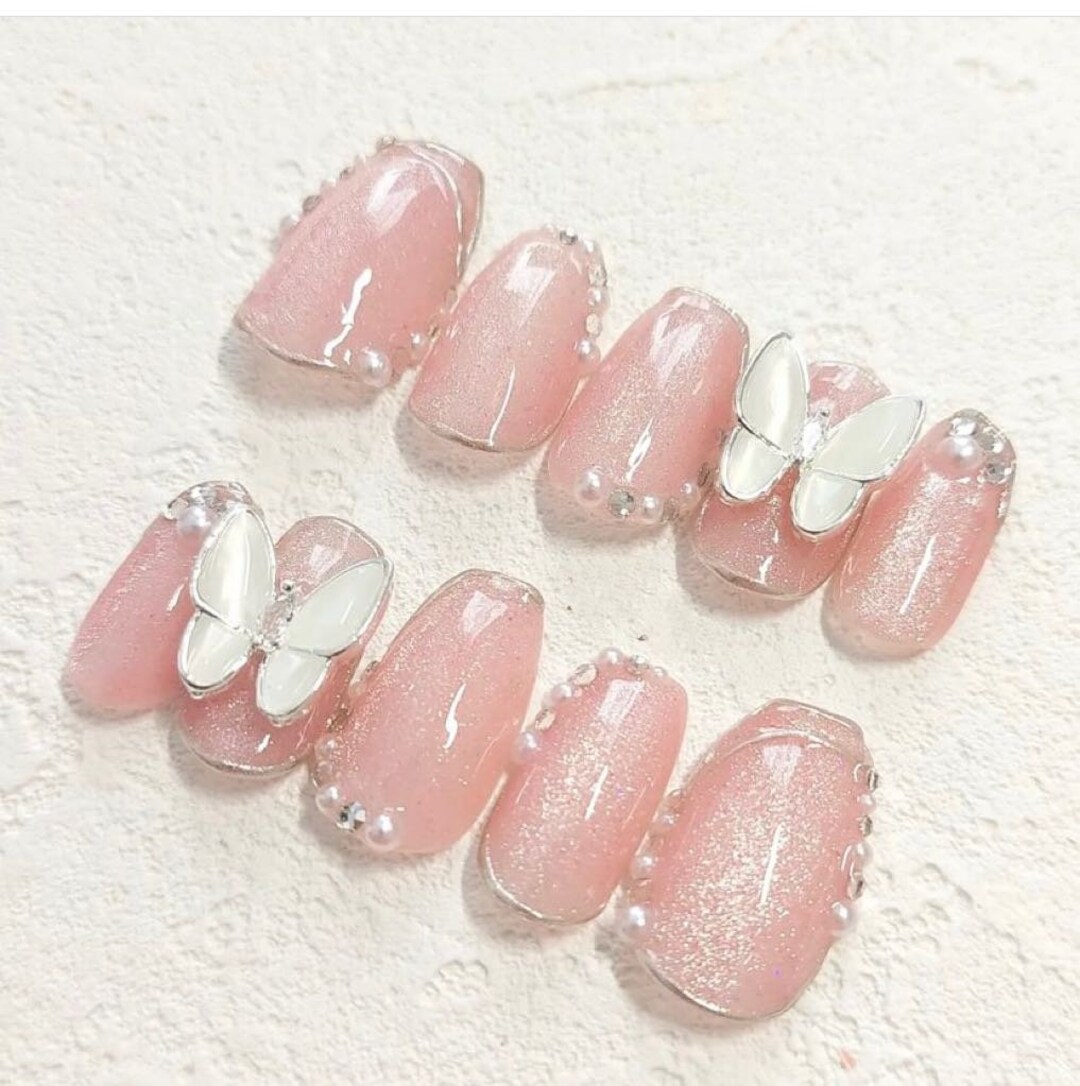 Glitter Gross Pink Pearl Butterfly Press on Nails/pink Glitter Nails ...