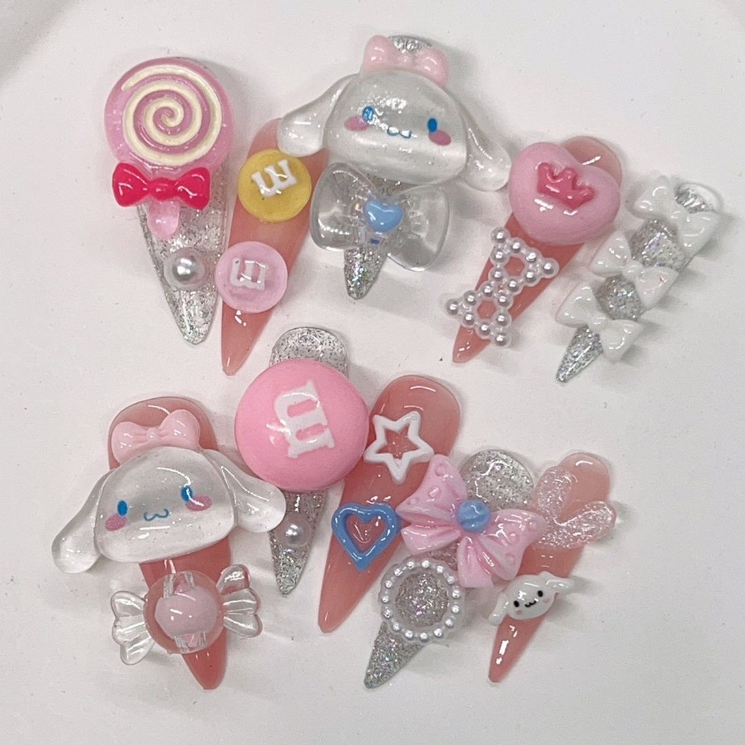 Lollipop Puppy M&ms Press on Nails/ Candy Fake Nails/ Pink White Bow ...