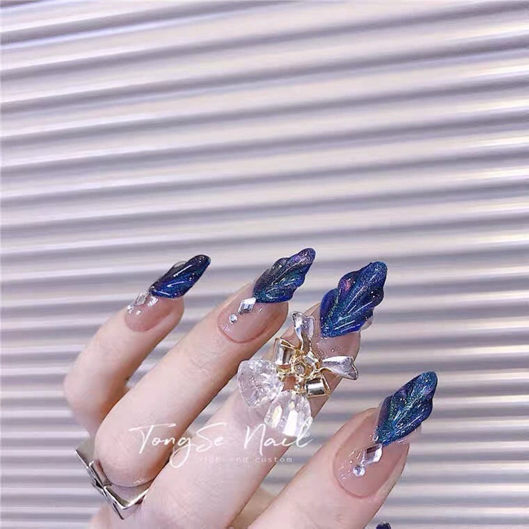 Long Stiletto Dark Blue Seashell Nail Art/3d Shell Nails/mermaid Press ...