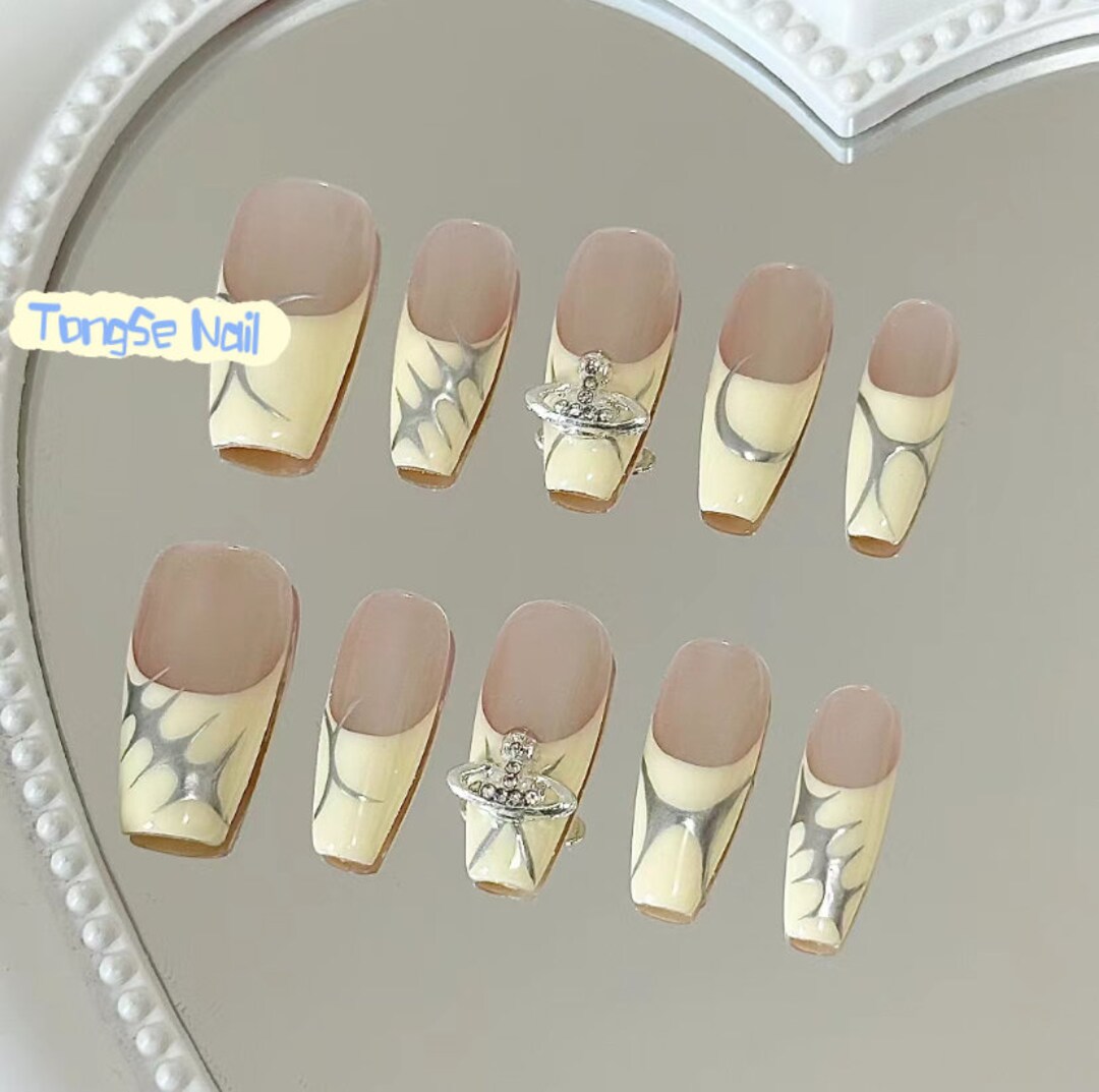 Canary Yellow French Silver Scar Press on Nails/ French Nails/ Cool ...