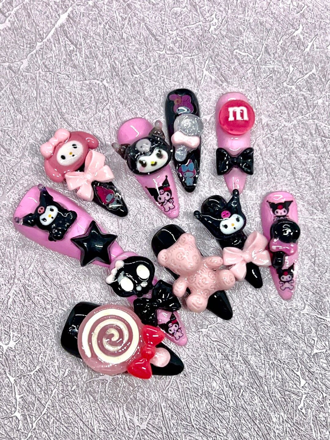 Black Pink Kurommi Press on Nails/purple Anime Kawaii Fake Nails/y2k ...