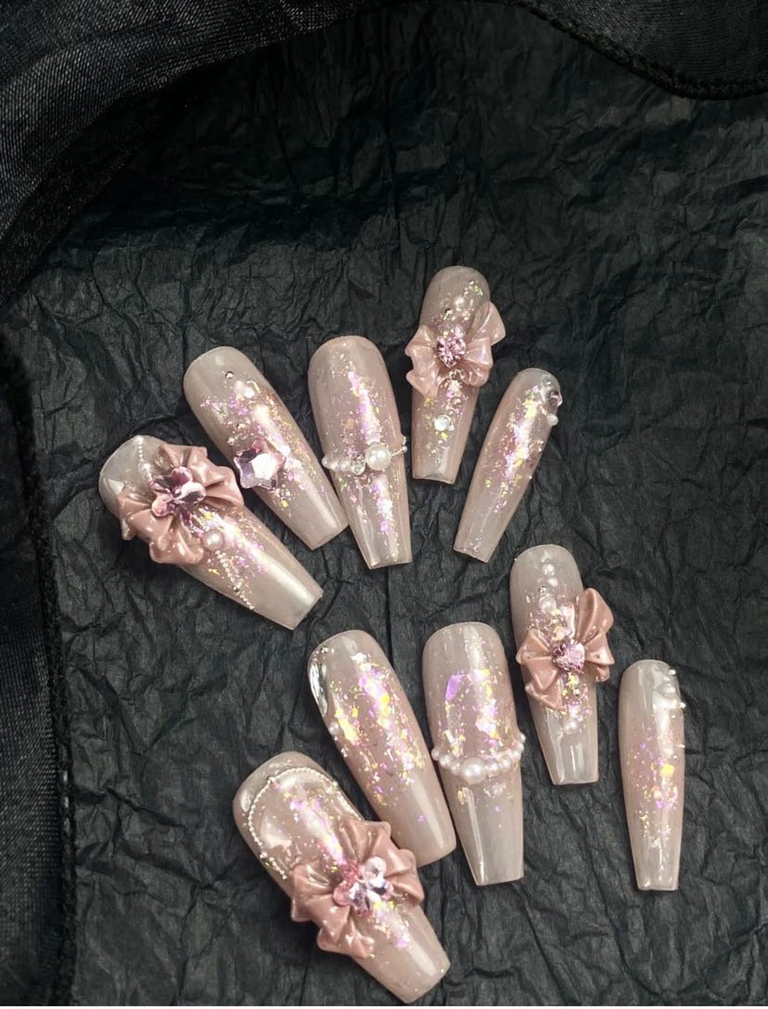 Glitter Pearl Pink Bow Press on Nails/ Shining Nails/ Lolita Nails 413 - Etsy