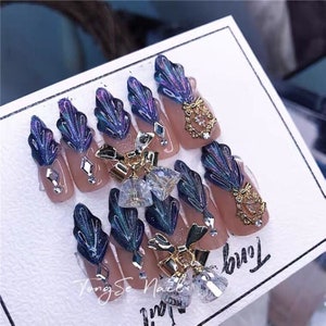 Long Stiletto Dark Blue Seashell Nail Art/3d Shell Nails/mermaid Press ...
