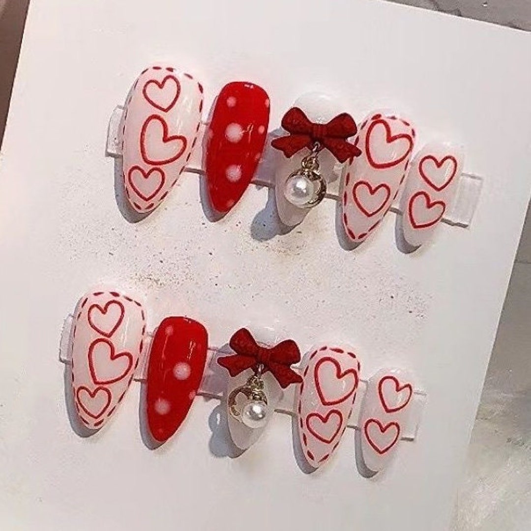 Red Heart Press on Nails/ Princess Fake Nails/red Bow Nails/hand ...