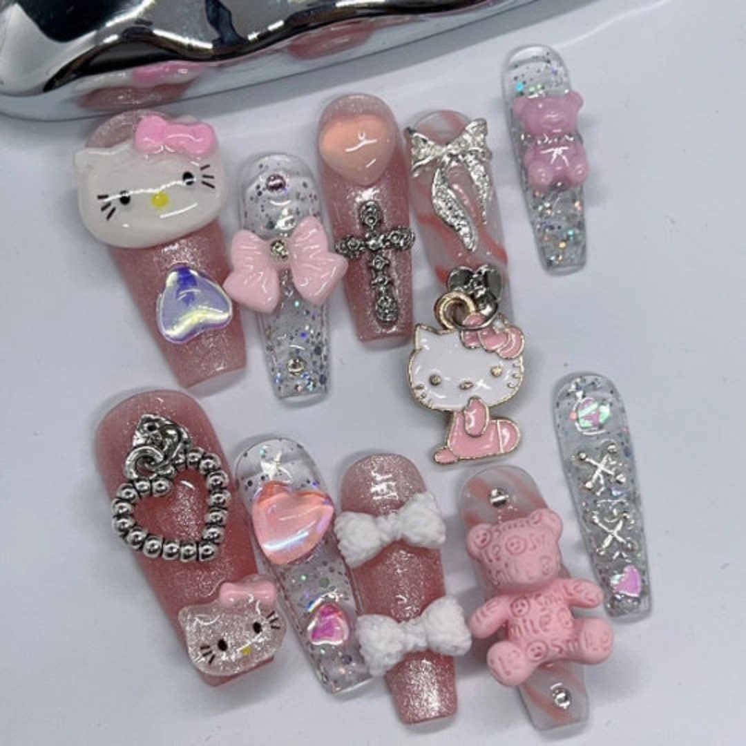 Glitter Cute Kittyy Cat Press on Nails / Handmade Y2K Fake Nails/spring ...