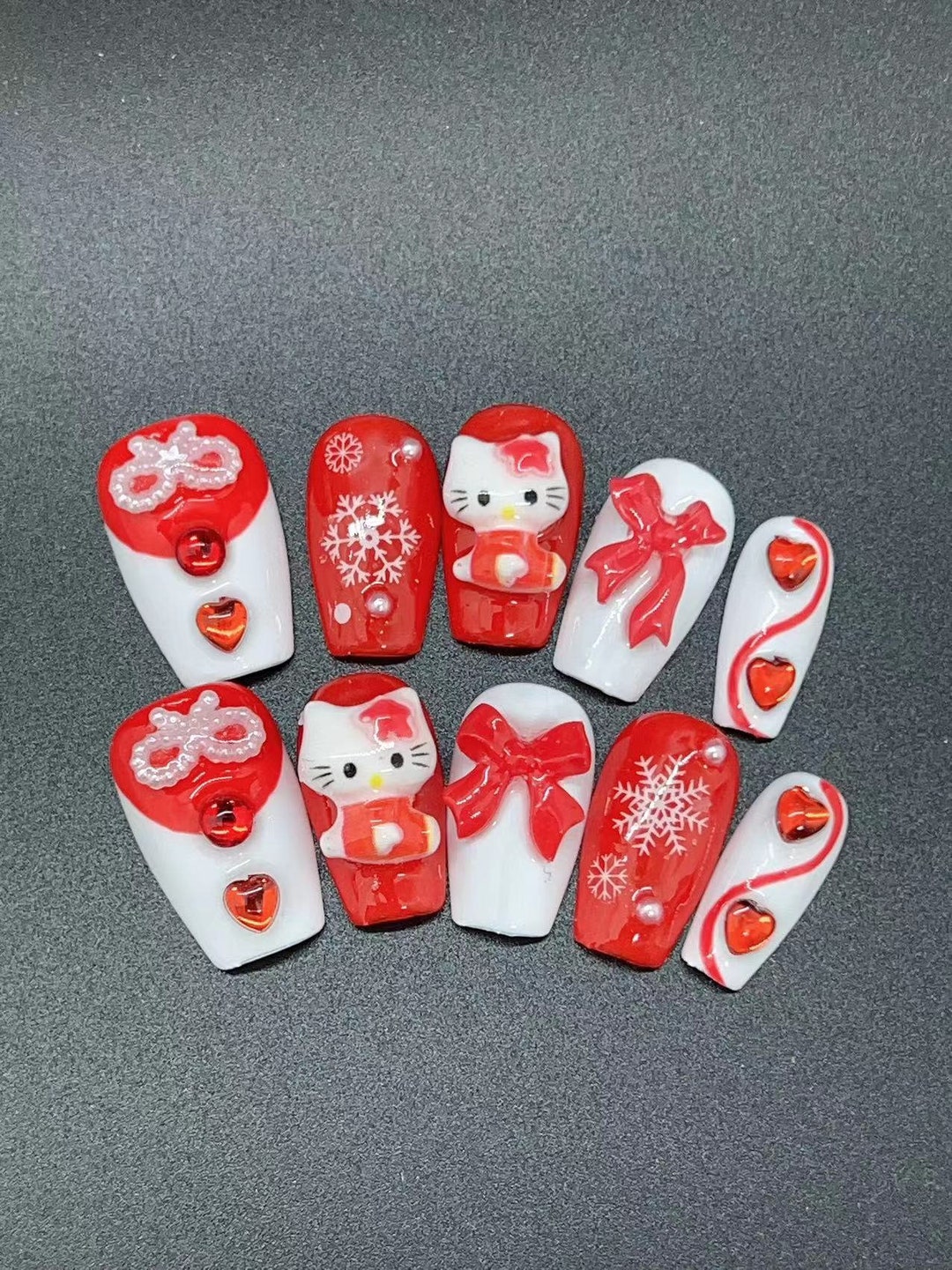 Red and White Christmas Kittty Press on Nail/ Bowtie Nails/ Christmas ...