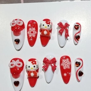 Red and White Christmas Kittty Press on Nail/ Bowtie Nails/ Christmas ...