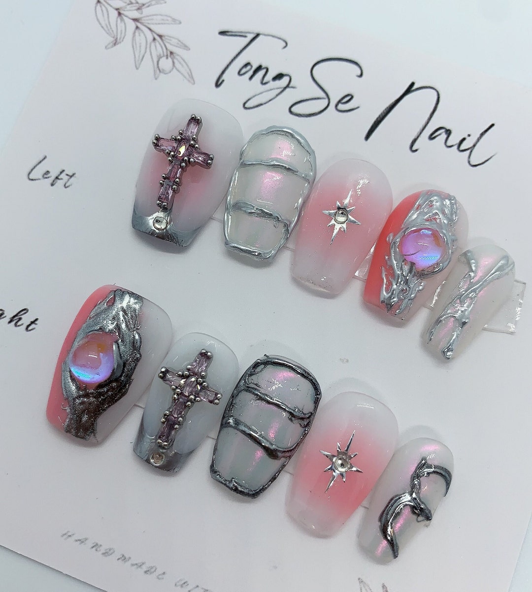 Luxury Pink Cross Nails/ Pink and Ivory Silver Press on Nails/ Silver ...