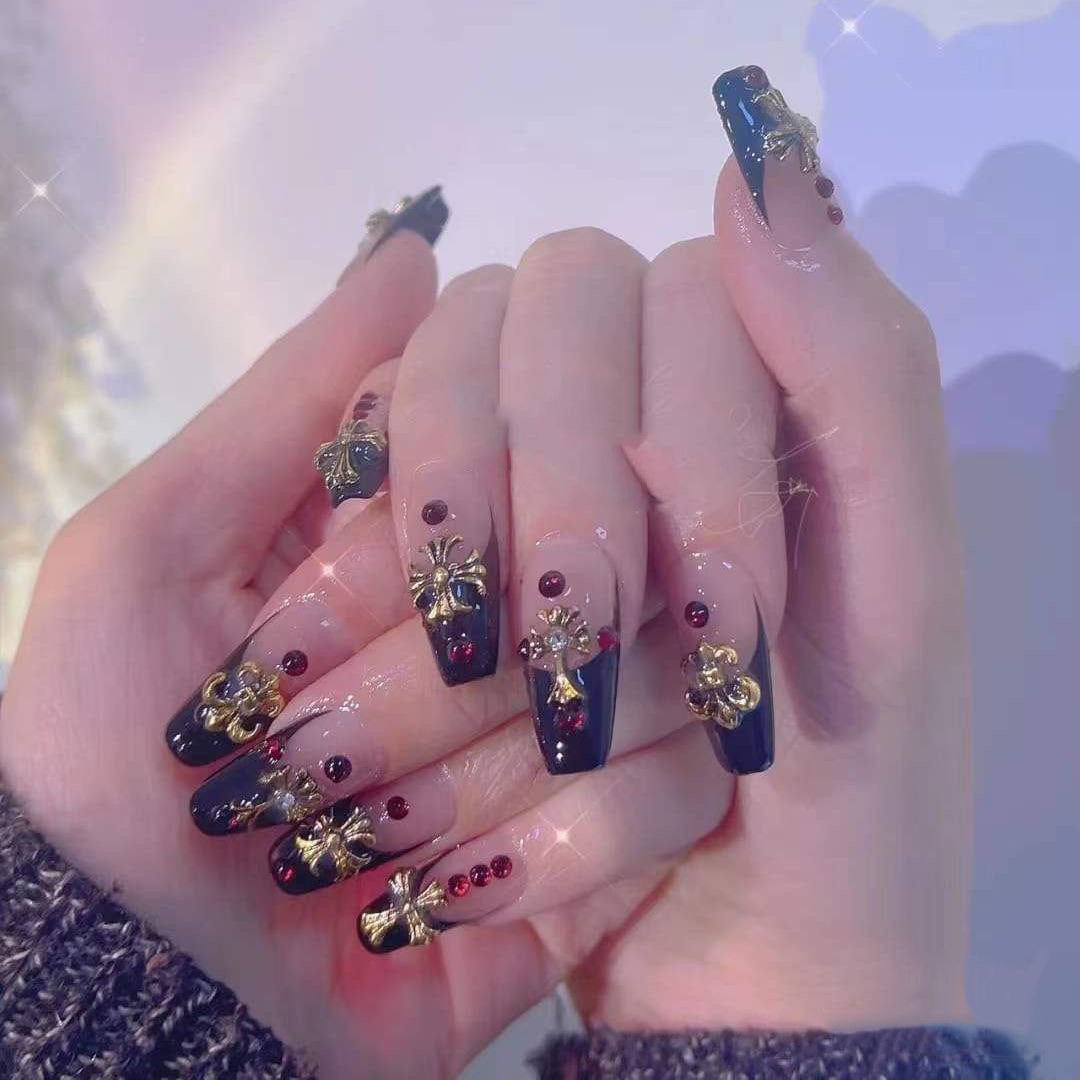 Black French and Gold Chrome Charms Press on Nails/ Gold - Etsy