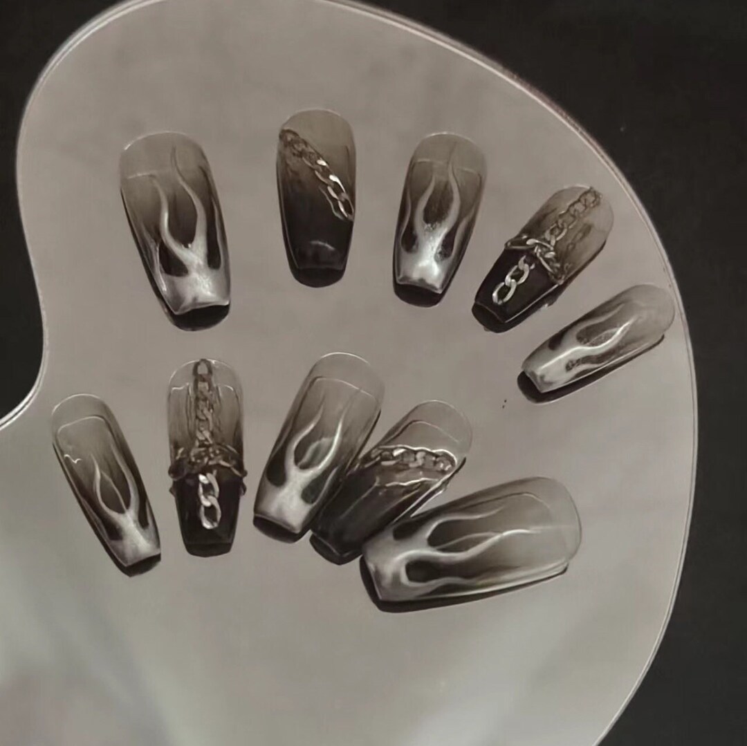 Black and Silver Frame Press on Nails/ Thick Metal Chain Nails/reusable ...