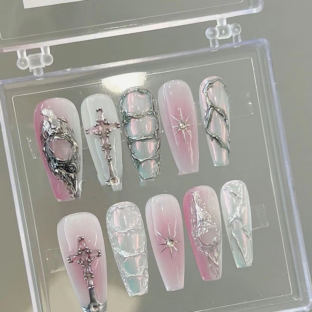 Luxury Pink Cross Nails/ Pink and Ivory Silver Press on Nails/ - Etsy