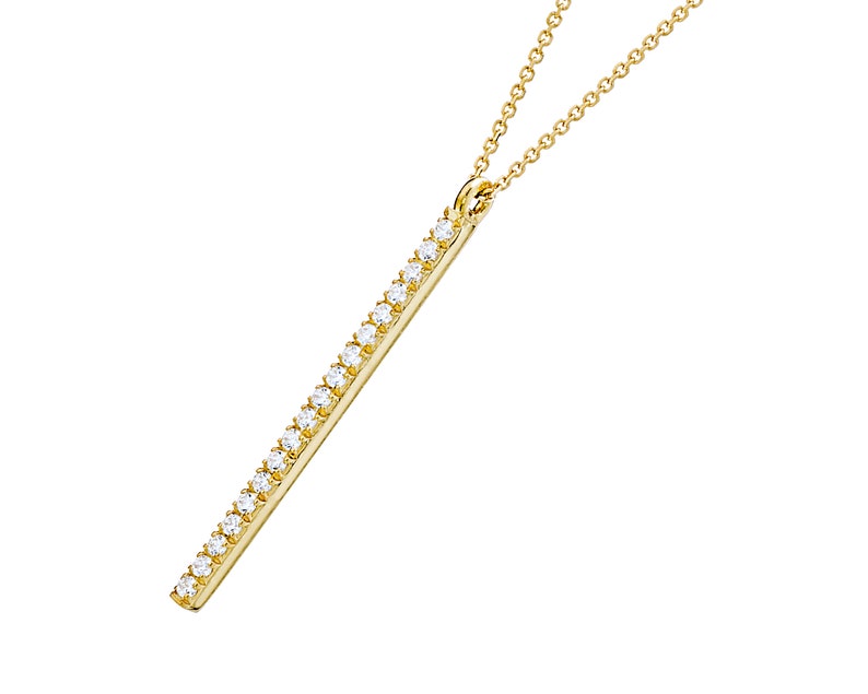 Diamond Bar Necklace, Solid Gold Vertical Diamond Bar Pendant Set With ...