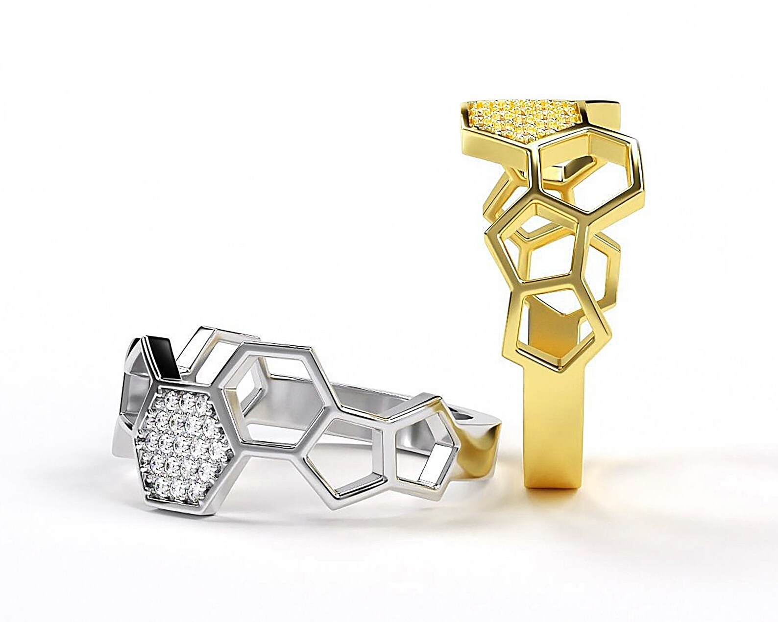 14k Geometric Diamond Ring / Hexagon Honeycomb Ring Set in 14k 18k ...