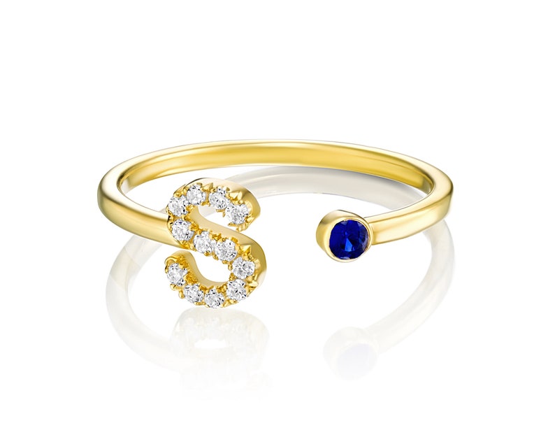 Diamond Initial Ring With Birthstone, Open Front Alphabet Ring With ...