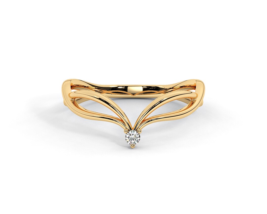 Diamond Curved V Ring, Chevron Minimalist Solid Gold Diamond Wave Band ...