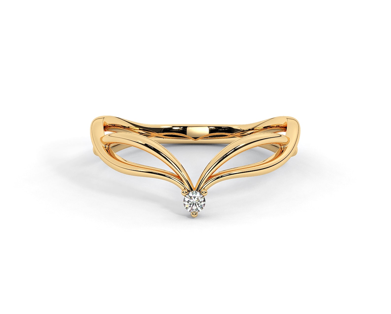 Diamond Curved V Ring, Chevron Minimalist Solid Gold Diamond Wave Band ...