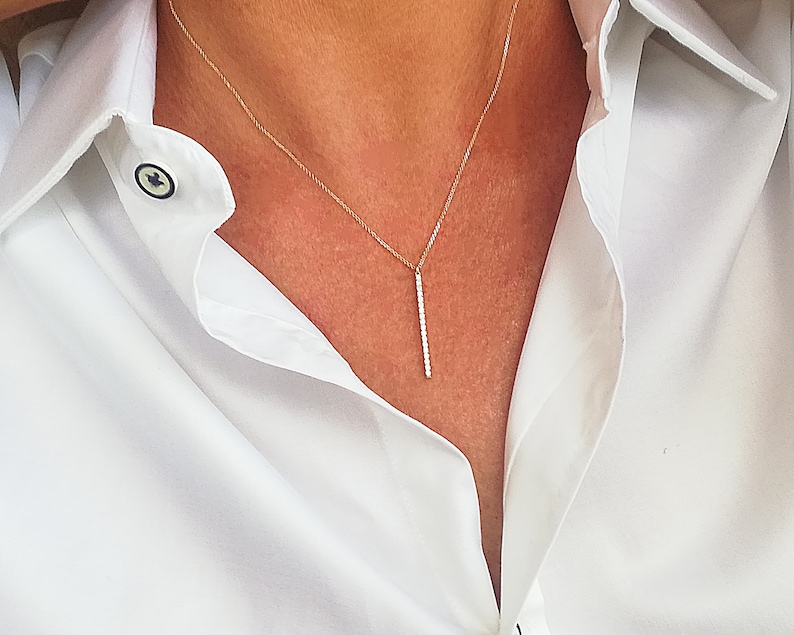 Diamond Bar Necklace, Solid Gold Vertical Diamond Bar Pendant Set With ...