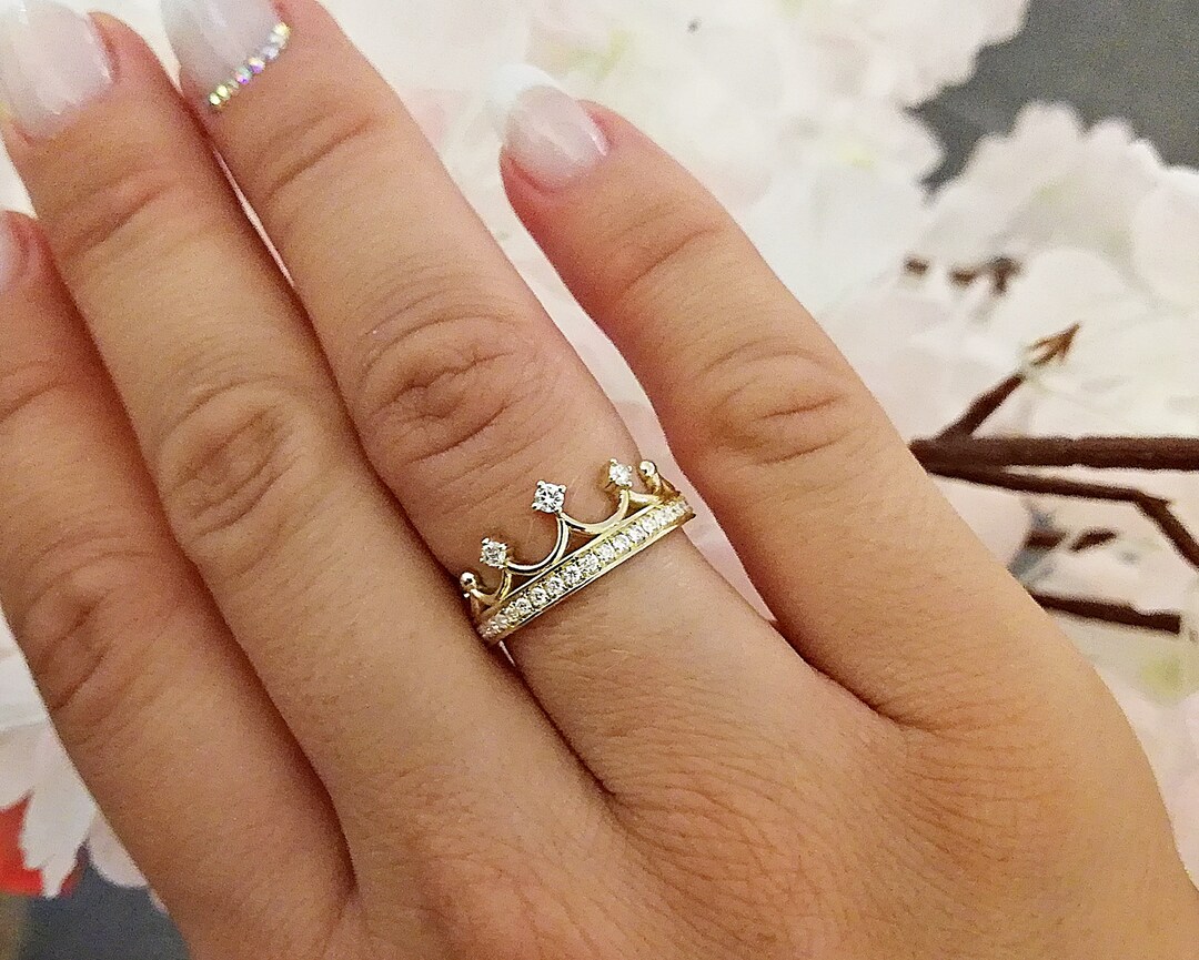 Diamond Crown Ring, 14k Solid Gold Princess Tiara Diamond Ring - Etsy