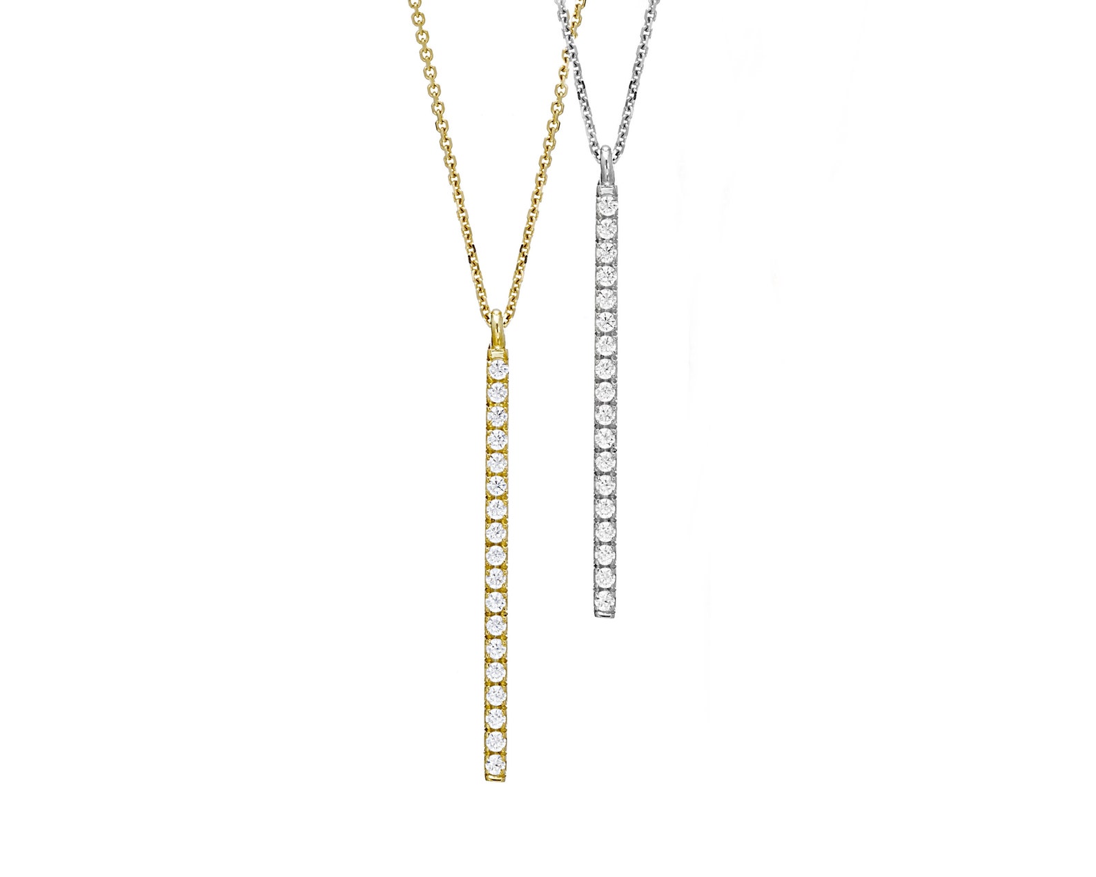 Diamond Bar Necklace, Solid Gold Vertical Diamond Bar Pendant Set With ...