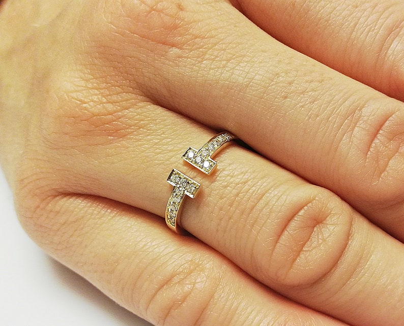 Diamond Double Bar Ring Solid Gold Diamond Open Front T Ring | Etsy