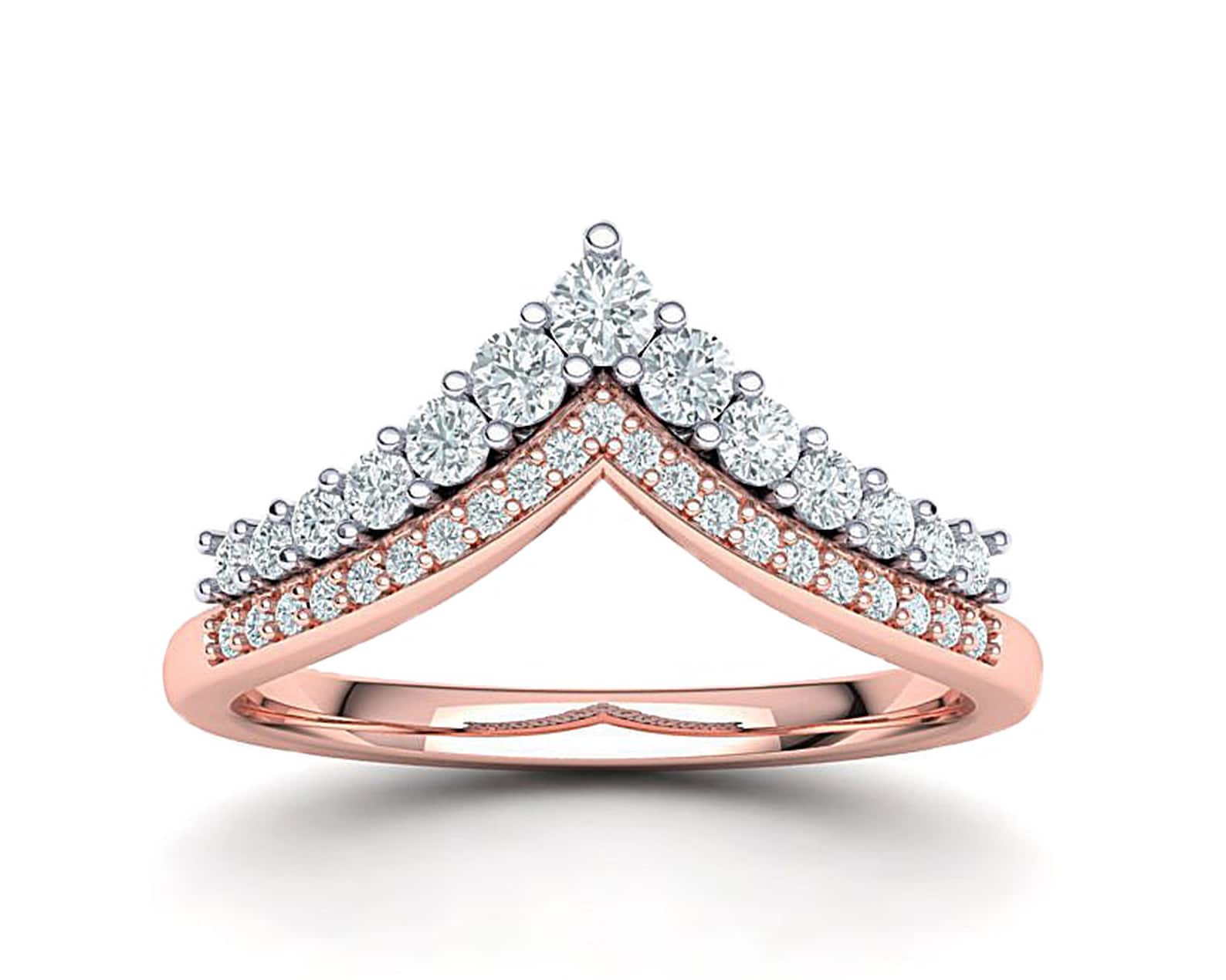 Diamond Crown Chevron Ring, 14k Solid Gold Princess Tiara Diamond Ring ...
