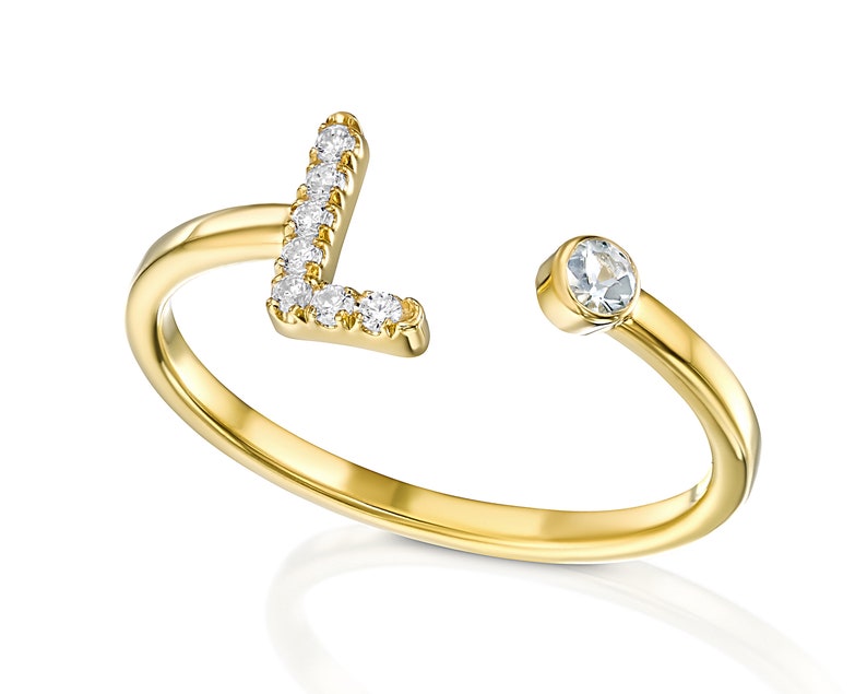 Diamond Initial Ring With Birthstone Open Front Alphabet Ring | Etsy