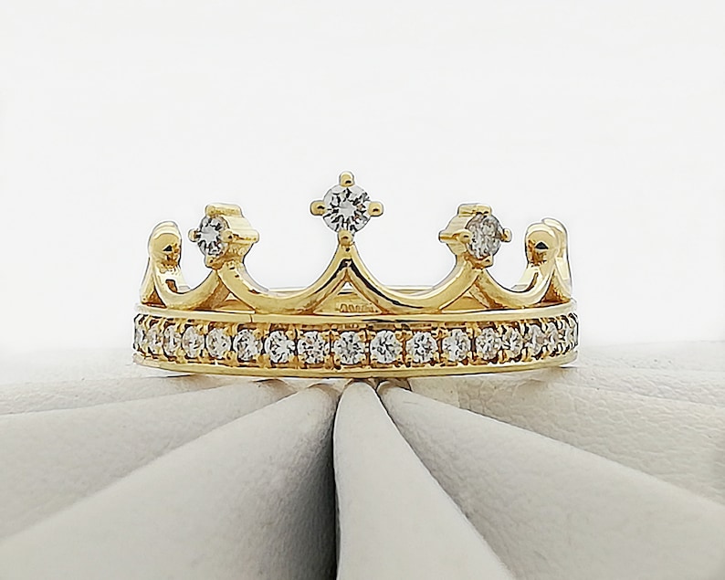 Diamond Crown Ring, 14k Solid Gold Princess Tiara Diamond Ring - Etsy
