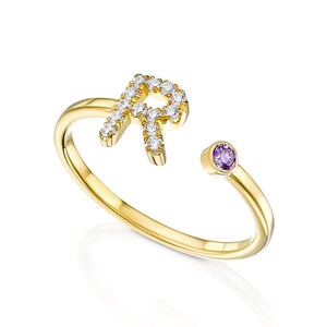 Diamond Initial Ring With Birthstone, Open Front Alphabet Ring With ...