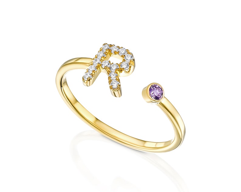 Diamond Initial Ring With Birthstone Open Front Alphabet Ring | Etsy