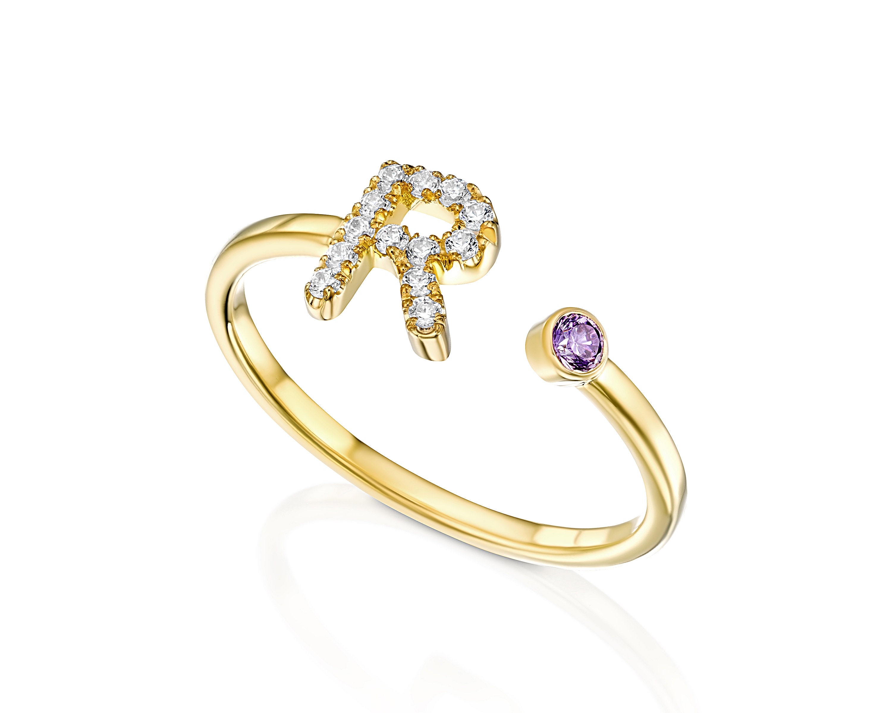 Birthstone Initial Ring With Diamonds Letter Open Front - Etsy