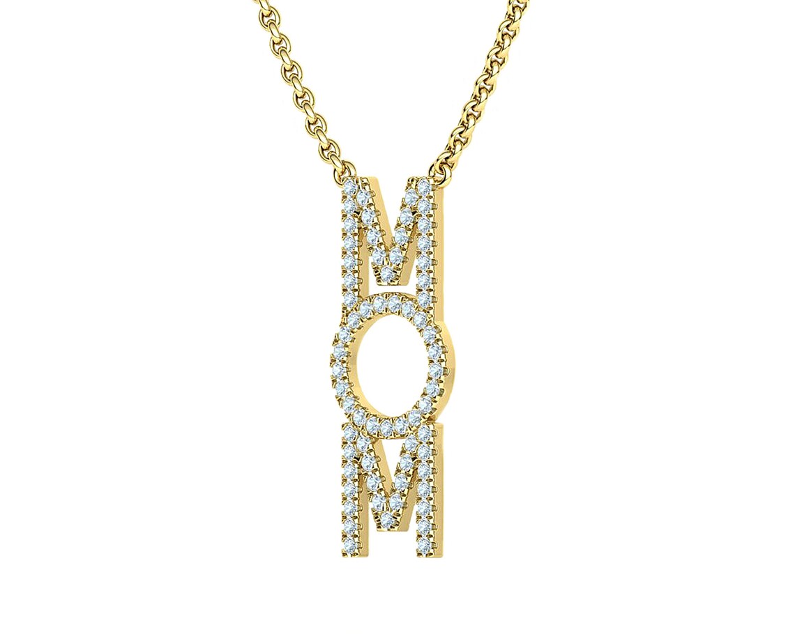 Diamond MOM Necklace, 14k Vertical Diamond Pendant Perfect Gift for A ...