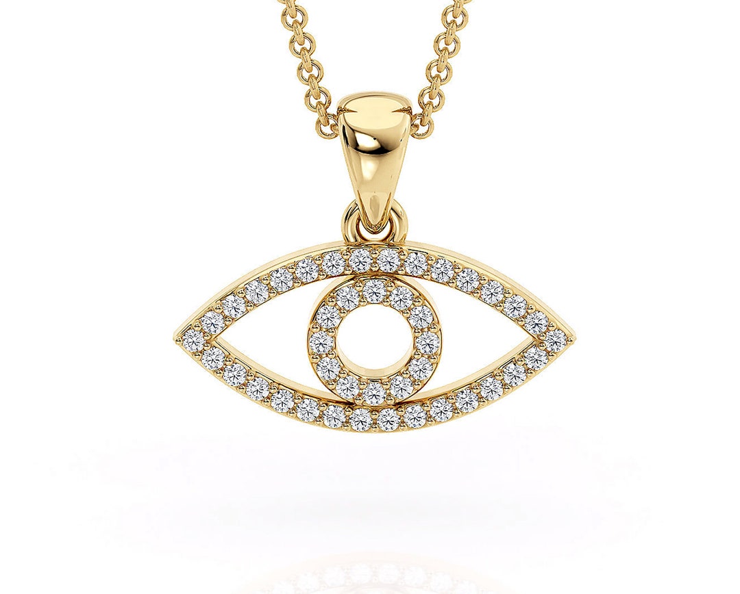 14k Gold Diamond Evel Eye Necklace / Gold Evil Eye Pendant / Good Luck ...