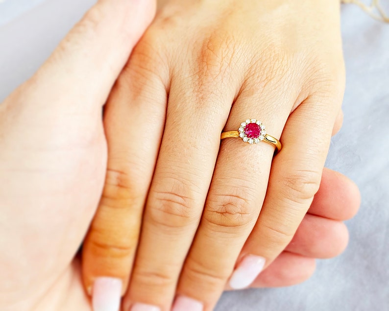 Ruby Diamond Halo Ring / 14k Solid Gold Ruby Engagement Ring - Etsy