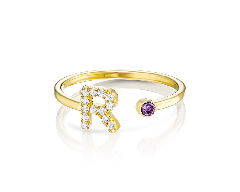 Diamond Initial Ring With Birthstone Open Front Alphabet Ring | Etsy