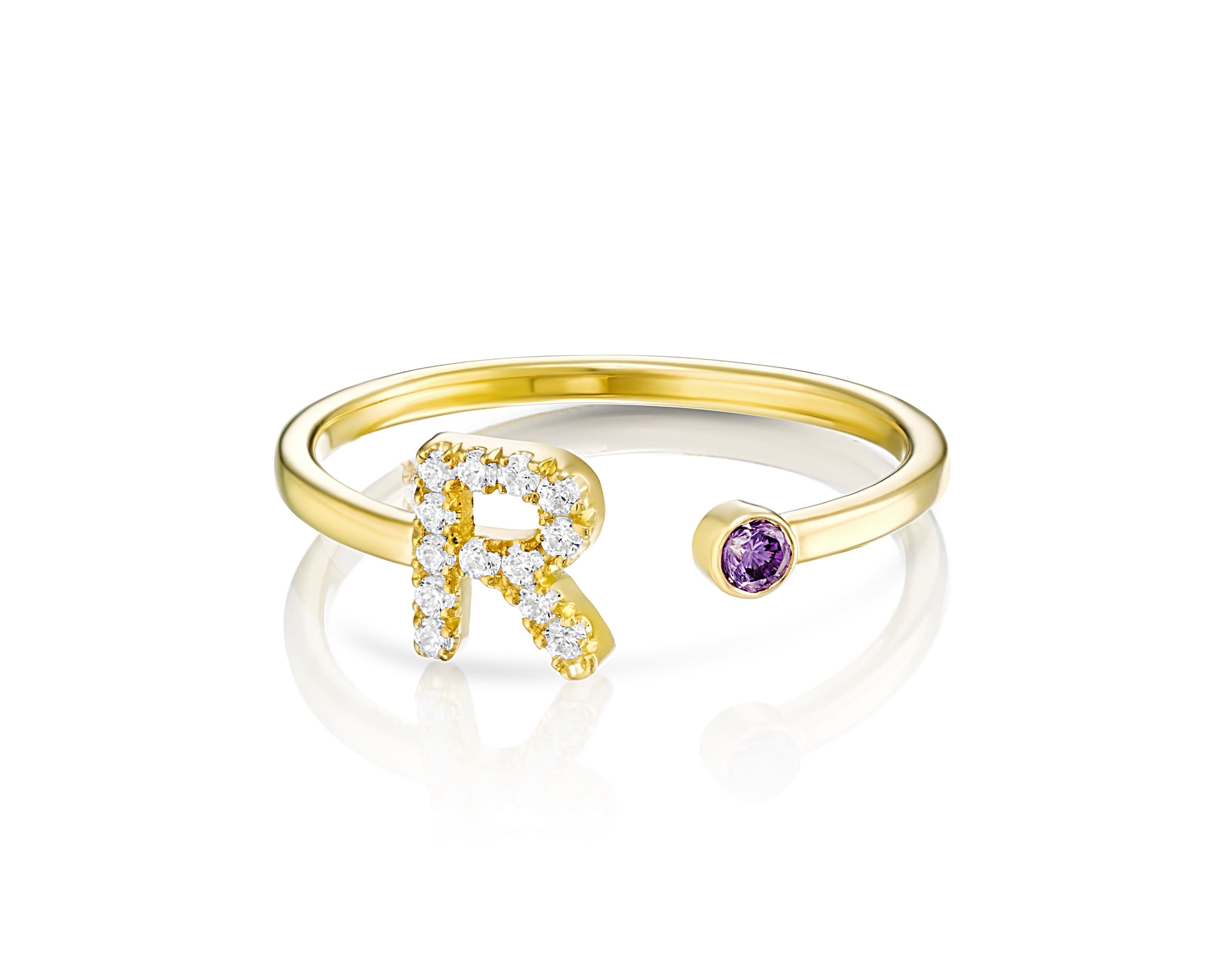 Diamond Initial Ring With Birthstone, Open Front Alphabet Ring With ...