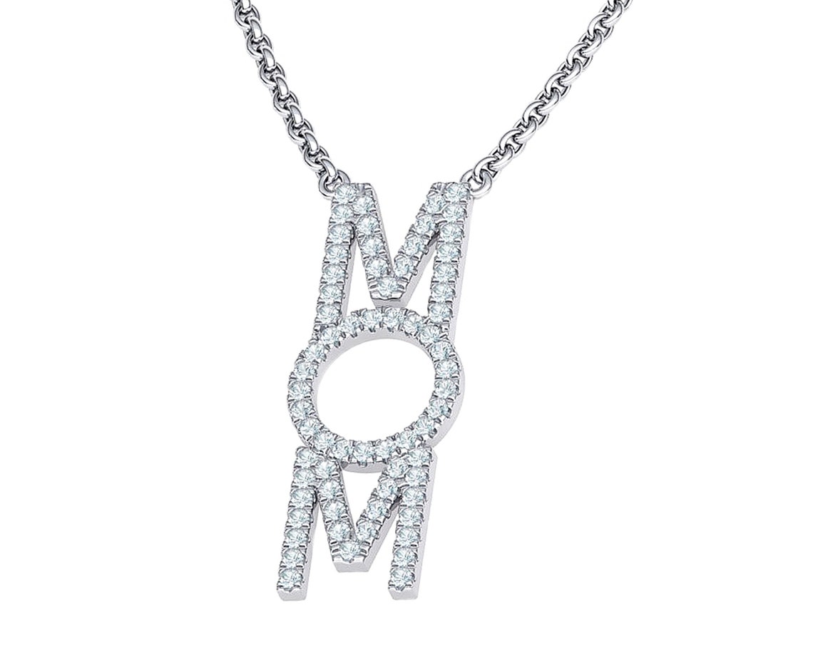 Diamond MOM Necklace, 14k Vertical Diamond Pendant Perfect Gift for A ...