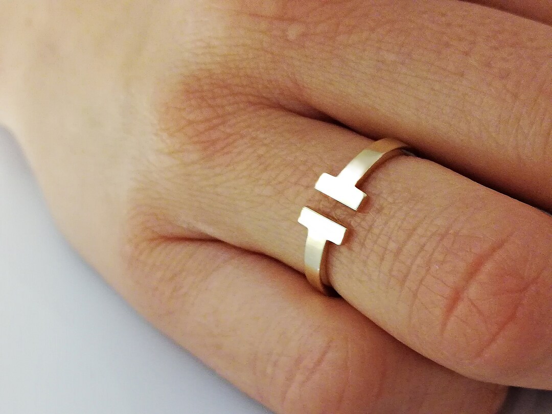 14k Double Bar Ring, Solid Gold Open Front T Ring - Etsy