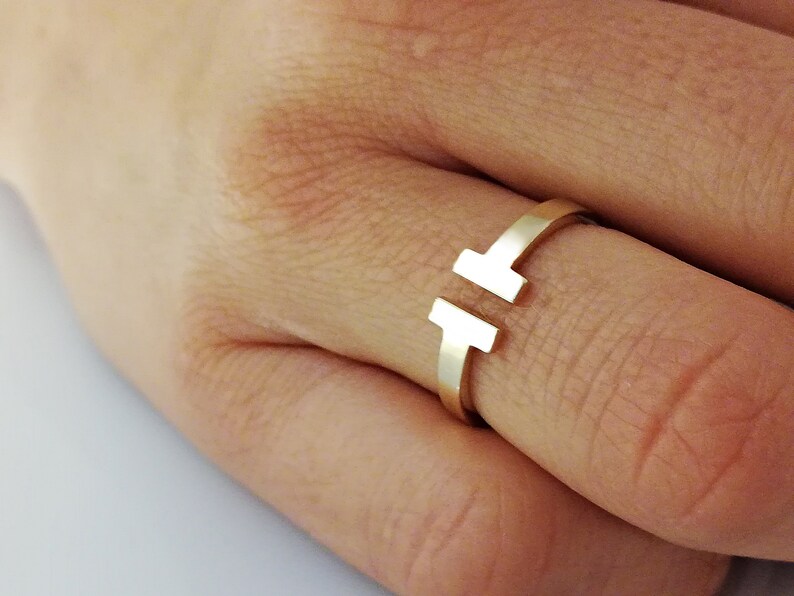 14k Double Bar Ring Solid Gold Open Front T Ring - Etsy