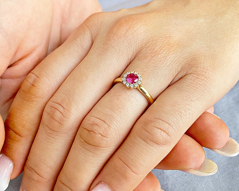 Ruby Diamond Halo Ring / 14k Solid Gold Ruby Engagement Ring - Etsy
